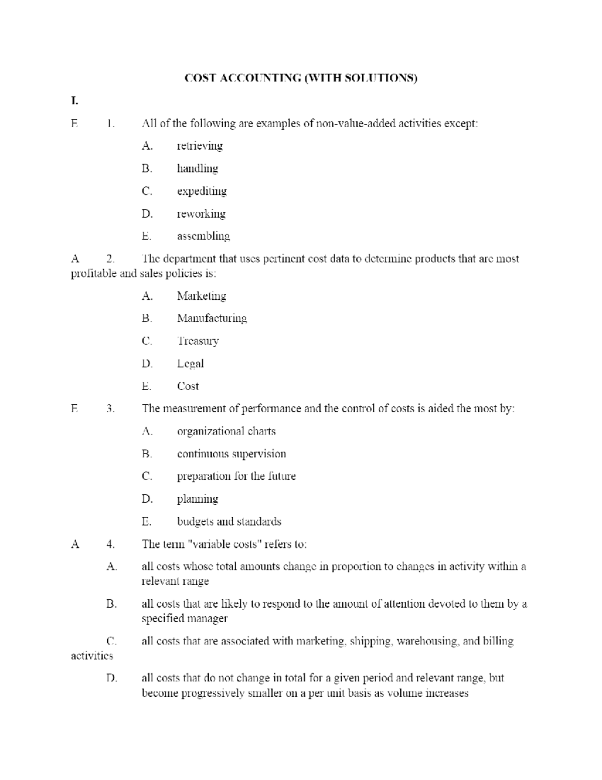 COST ACCOUNTING Practice Exam with Solutions and Answers - Studocu