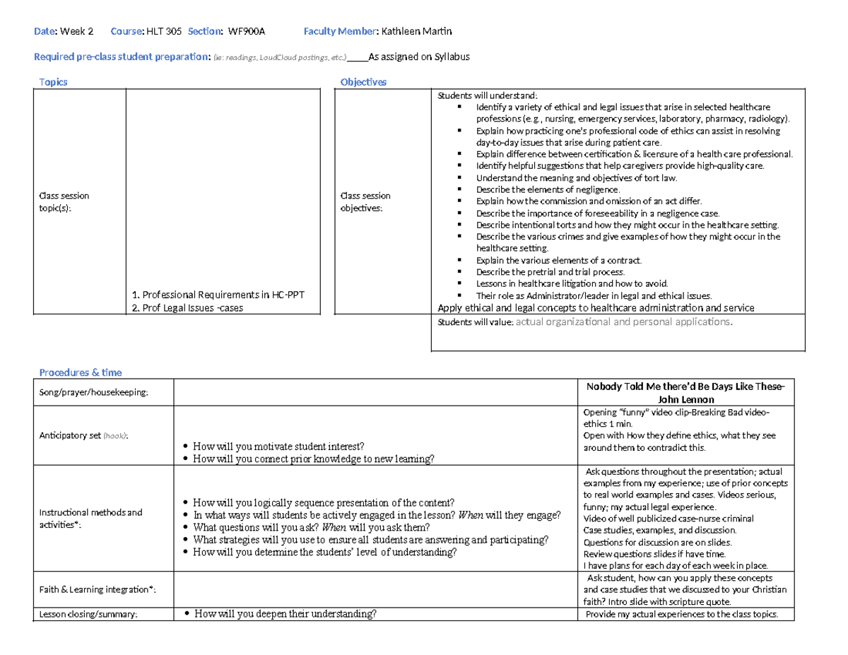 Lesson Plan Wk 2: HLT 305 - Professional & Legal Issues in Healthcare ...
