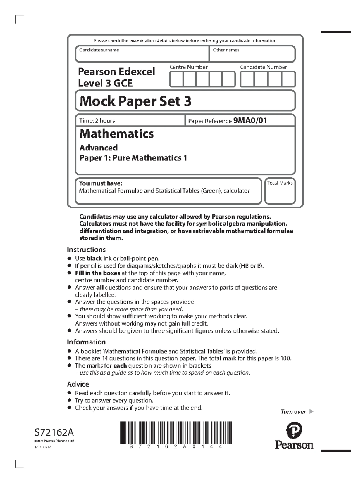 9ma0 01 Al Maths Paper 1 Pure Maths Mock Set 3 S72162a0144 Turn Over