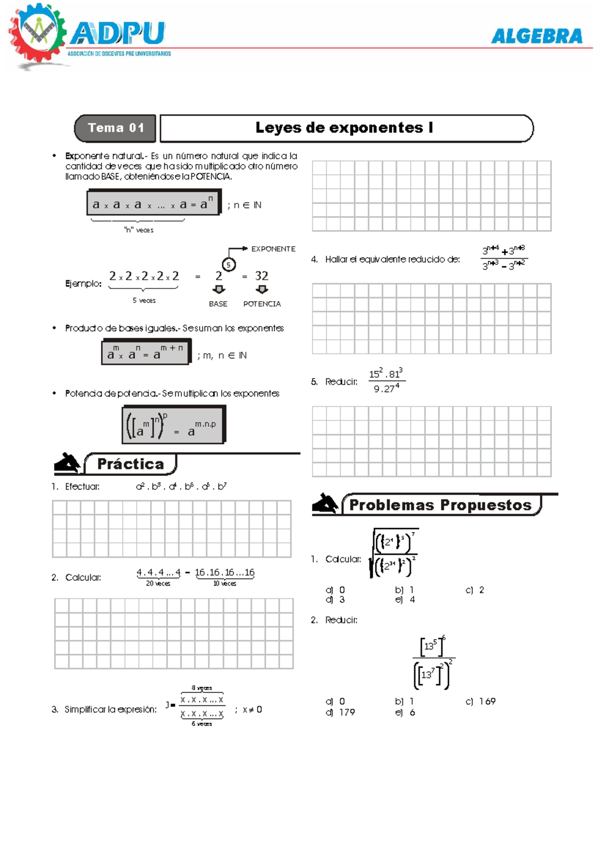 Leyes de Exponentes I - Curso de Álgebra (Tarea) - Studocu