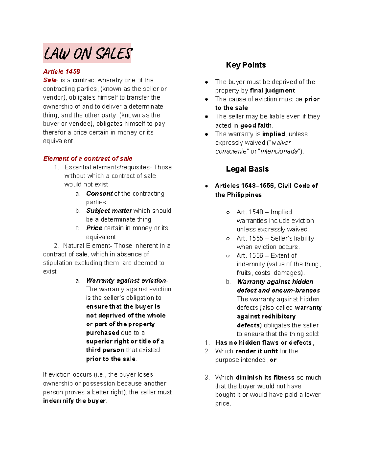 LAW ON SALES: Key Concepts and Legal Provisions - Studocu