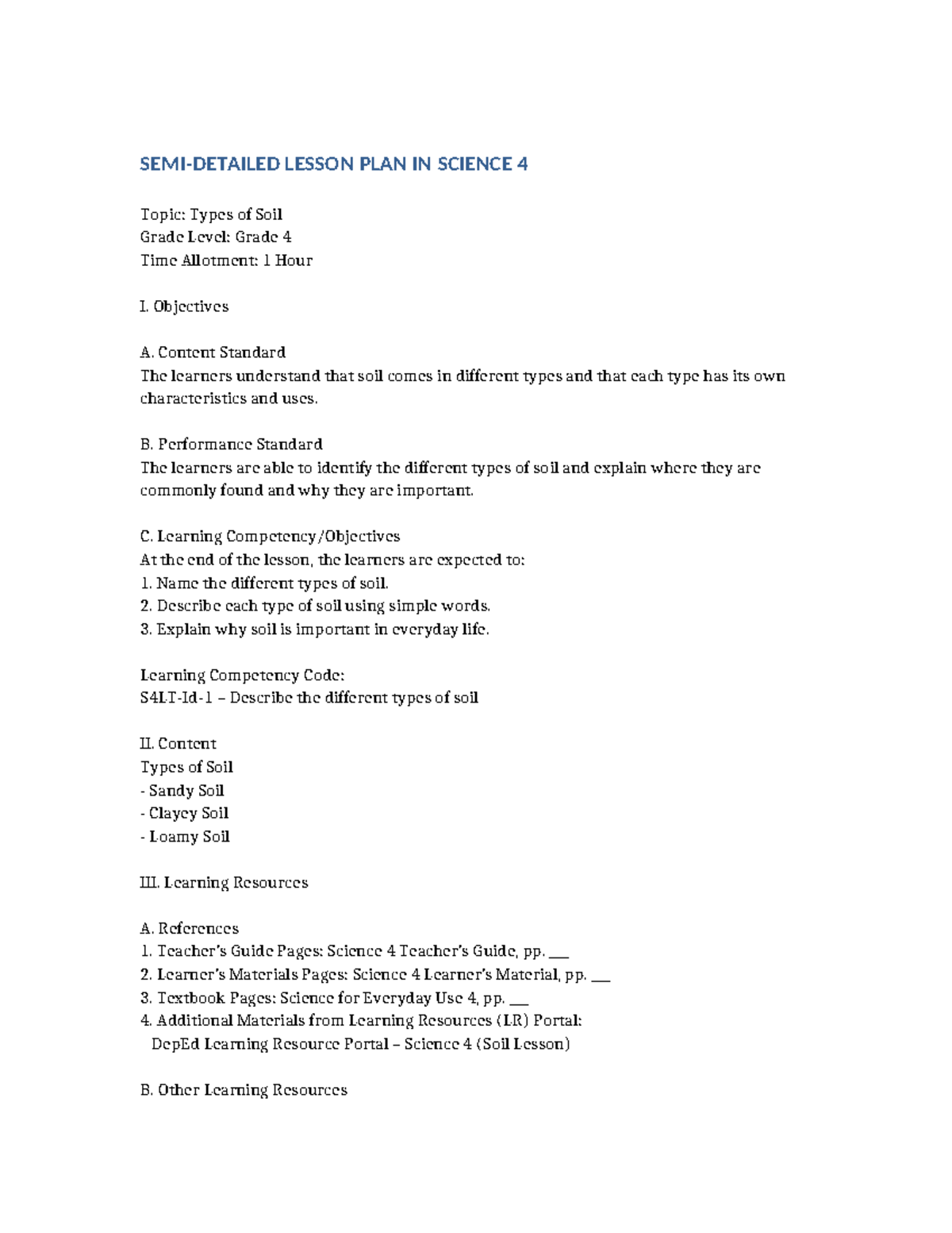 Grade 4 Science Lesson Plan: Types of Soil Overview - Studocu
