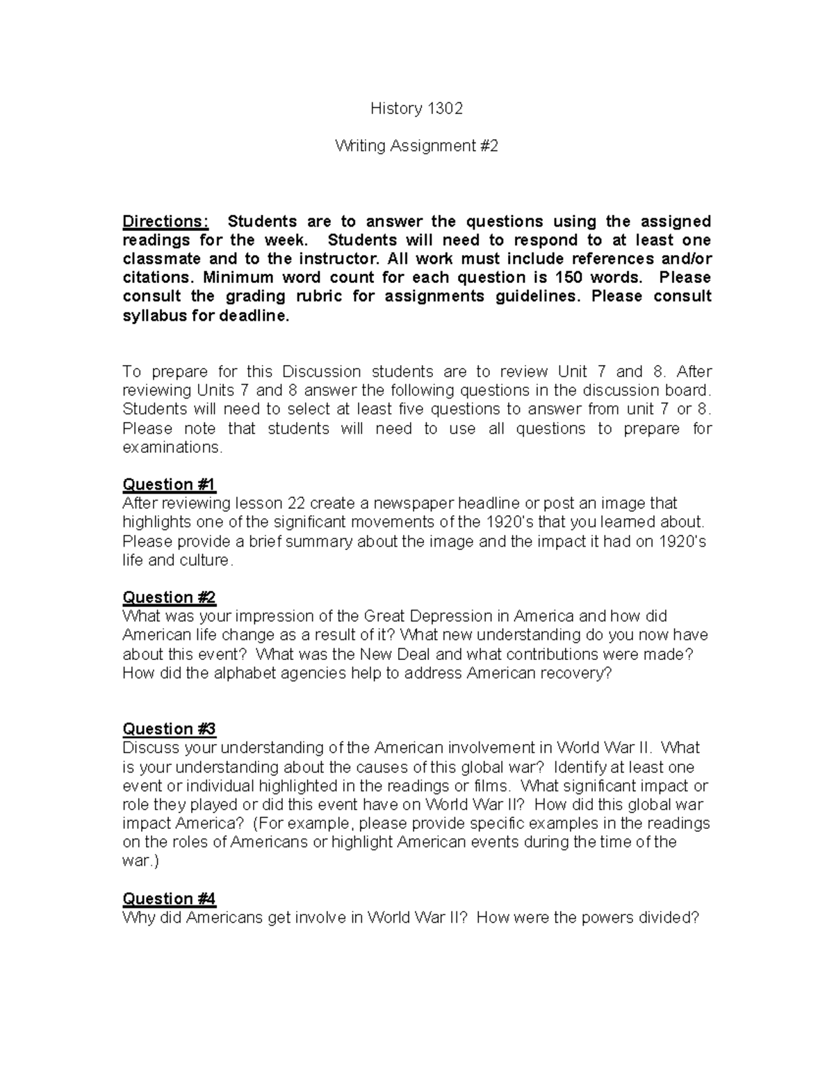 HIST 1302 Writing Assignment: Discussion Questions on Units 7 & 8 - Studocu