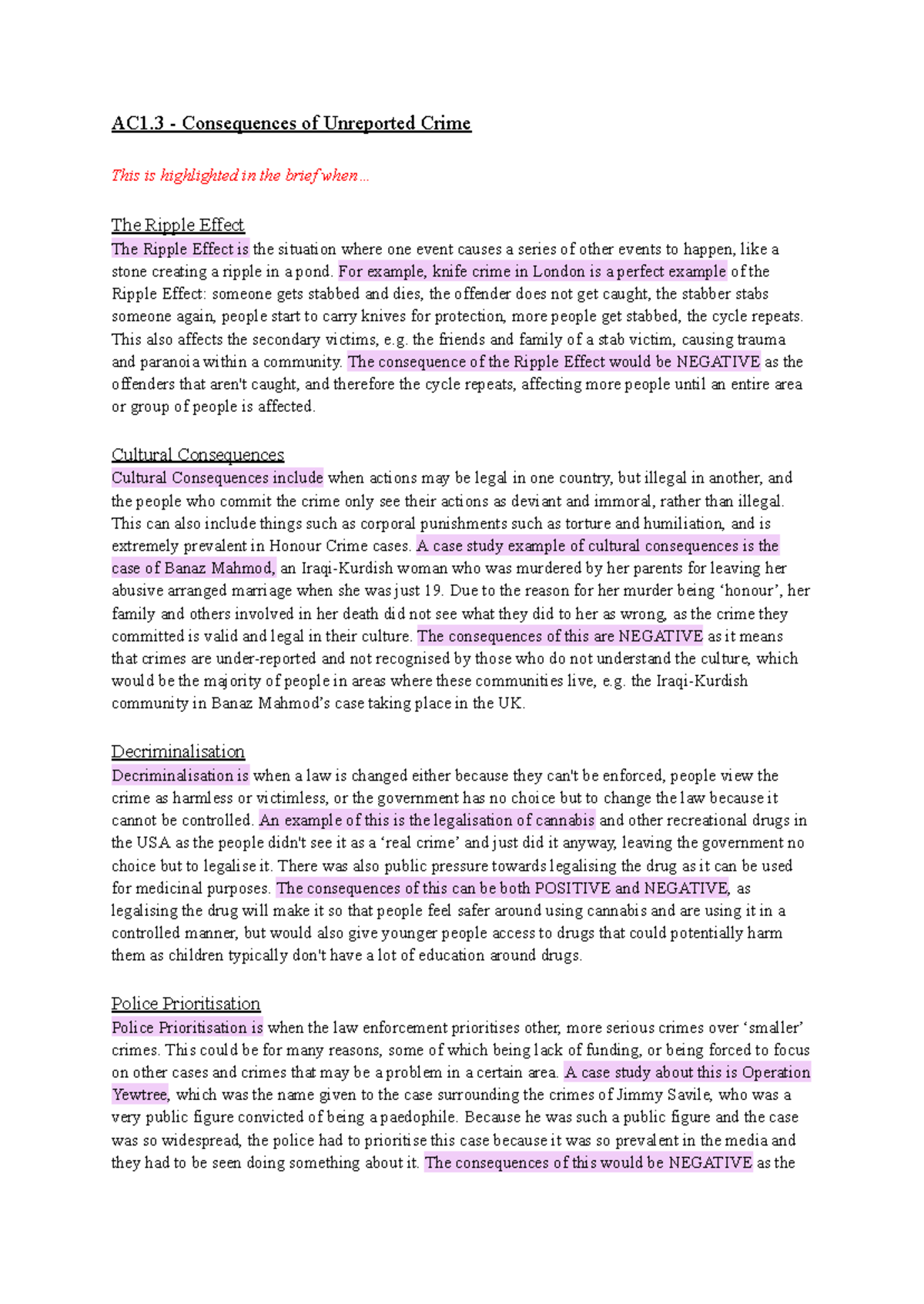 WJEC Criminology Unit 1 AC1.3: Consequences of Unreported Crime ...