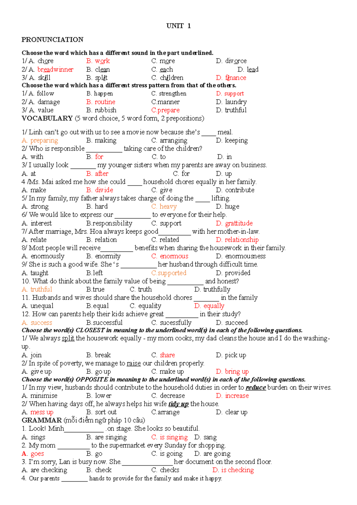 UNIT 1 Family LIFE - Practice Questions and Exercises - Studocu