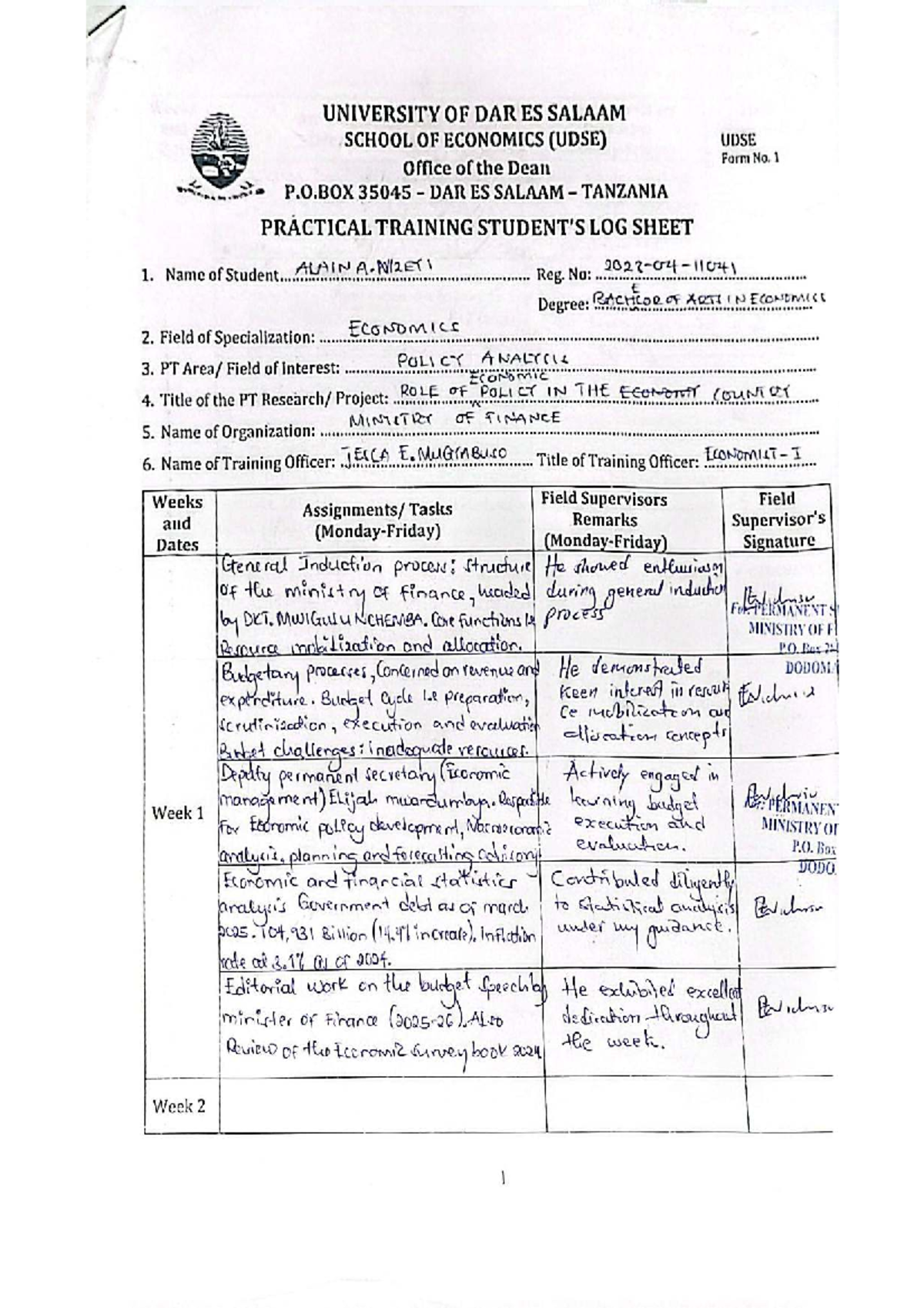 Field Report - Practical Training Log Sheet (UDSE) - Studocu