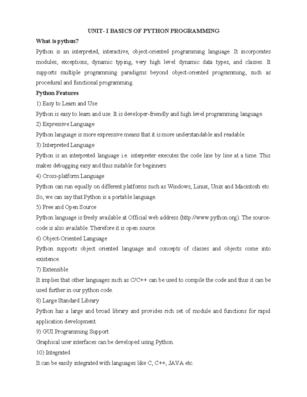 Unit 1 - Basics of Python Programming and Features Overview - Studocu