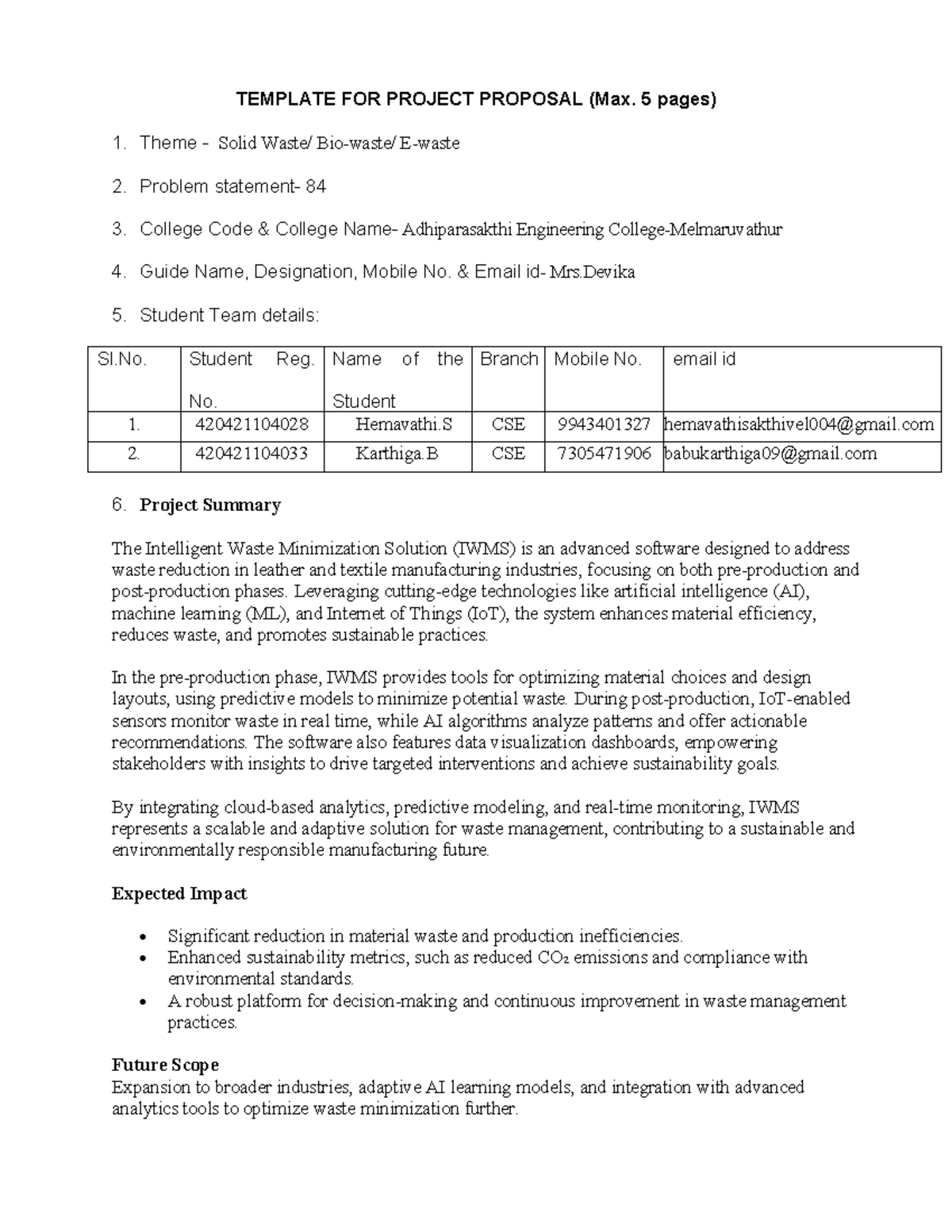 Annexure – III Template FOR Project Proposal - TEMPLATE FOR PROJECT ...