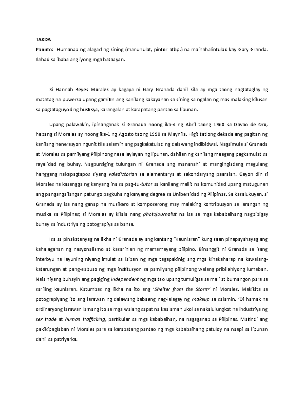 Takda sa Filipino sa Humanidades - TAKDA Panuto: Humanap ng alagad ng sining (manunulat, pintor ...