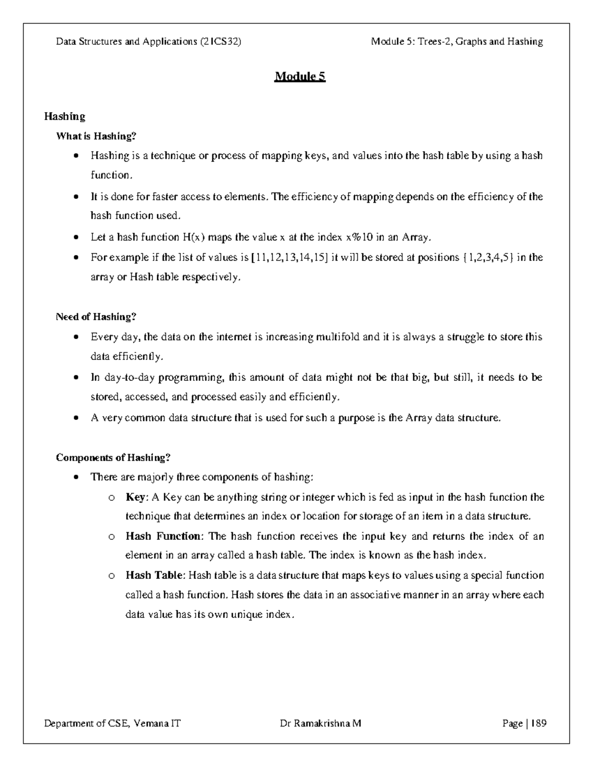Data Structures and Applications (21CS32) Module 5: Hashing Notes - Studocu