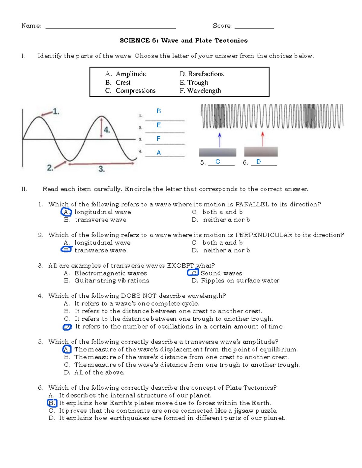 1. Waves and Plate Tectonics Answer Key - Name ...
