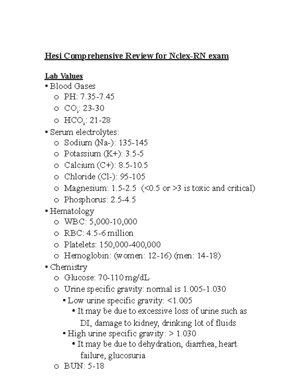 HESI NCLEX-RN Exam Comprehensive Review & Lab Values Notes - Studocu