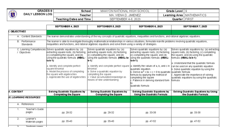 DLL-WK 2-LC 2: Grade 9 Math Daily Lesson Log on Quadratic Equations ...