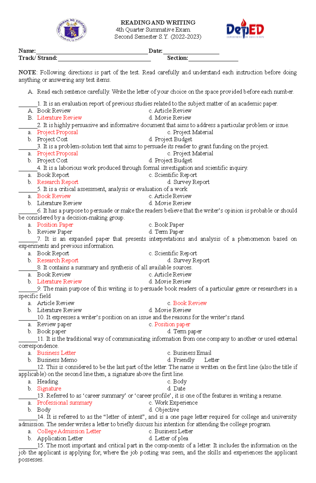 Reading and Writing 4th Quarter Summative Exam (S.Y. 2022-2023) - Studocu