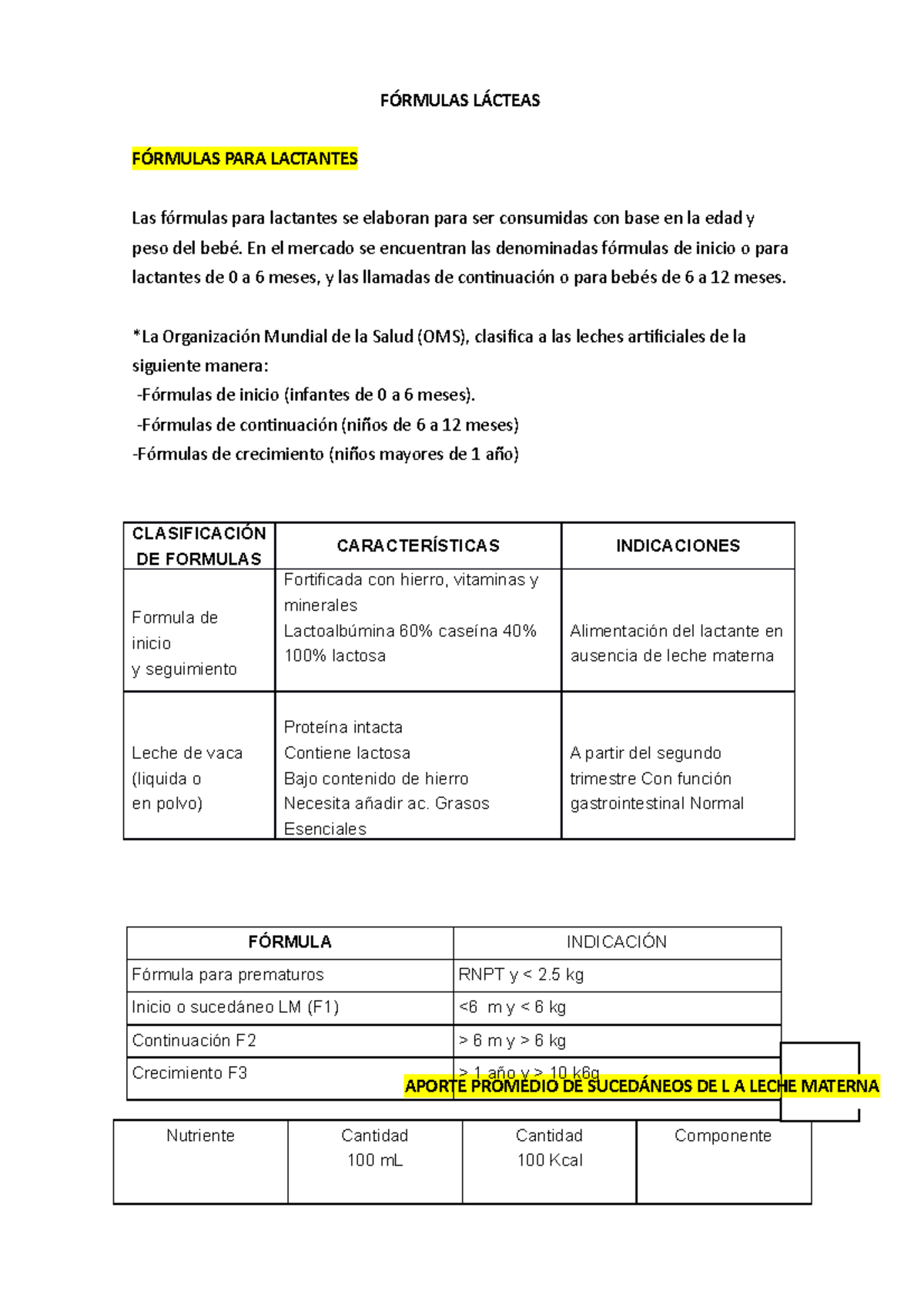 Fórmulas Lácteas para Lactantes: Clasificación y Características - Studocu
