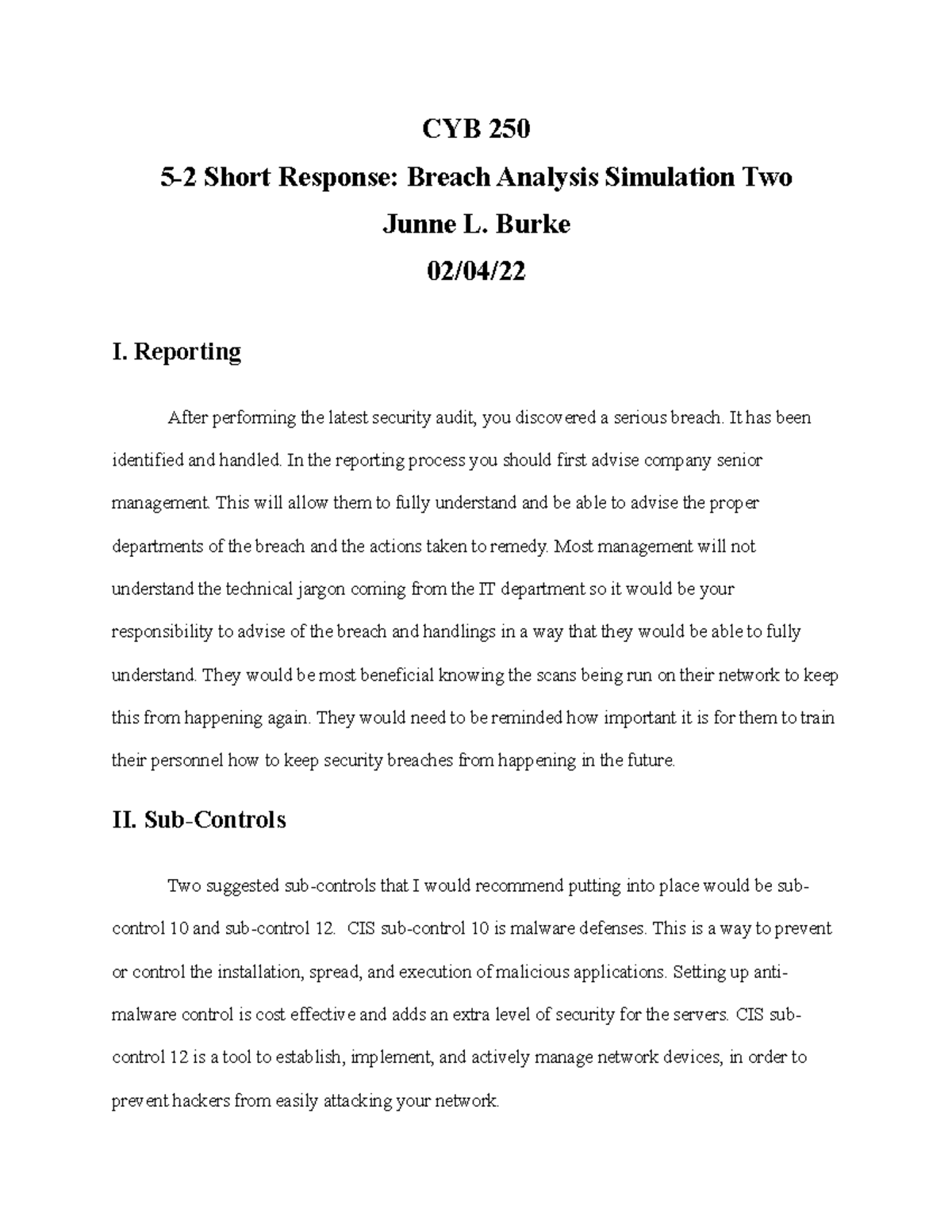 CYB 250 5-2 Breach Analysis Simulation Response by Junne L. Burke - Studocu