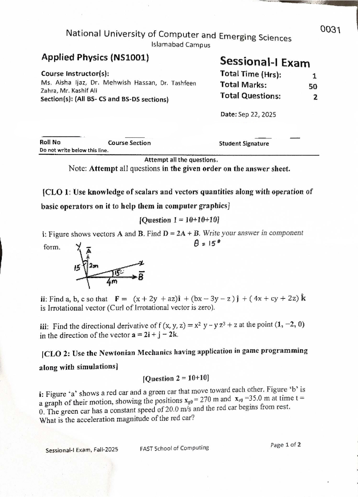 0031 NS1001 Applied Physics Exam - Sessional 1 Hard Paper - Studocu