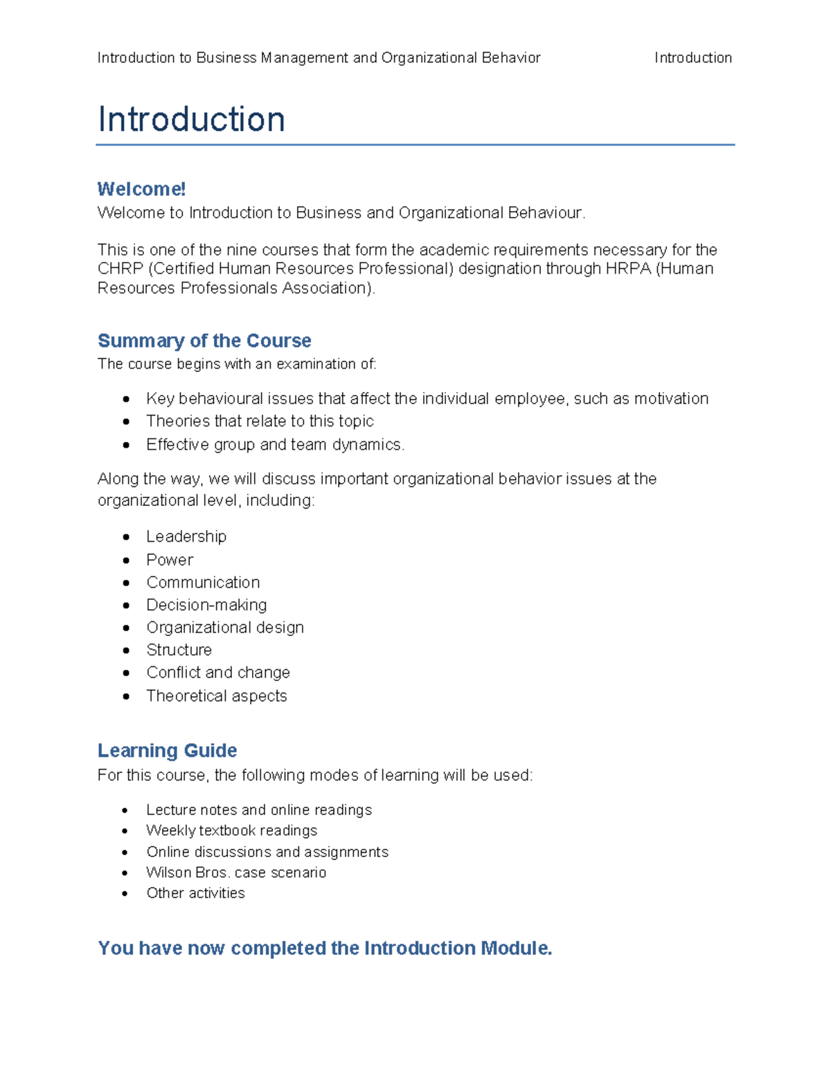 Introduction to Business Management & Org Behavior (HRPA) - Studocu