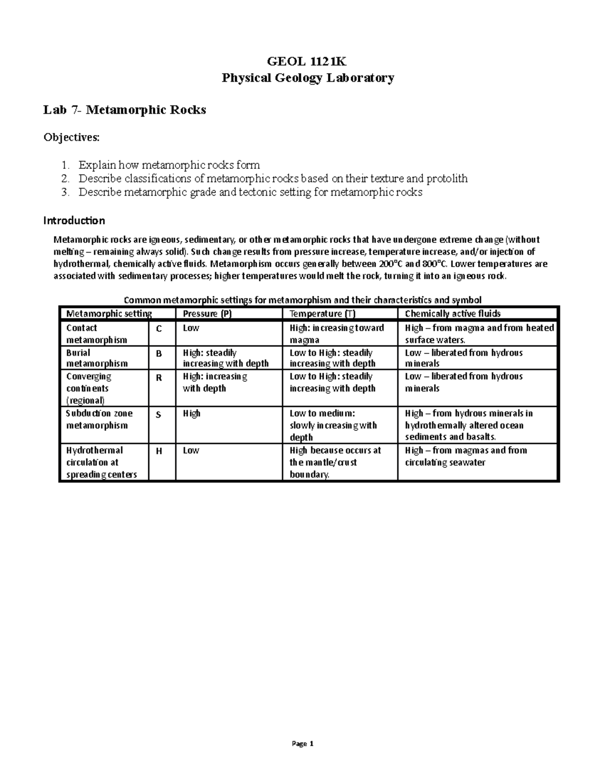 GEOL 1121K Lab 7: Understanding Metamorphic Rocks and Their Formation ...