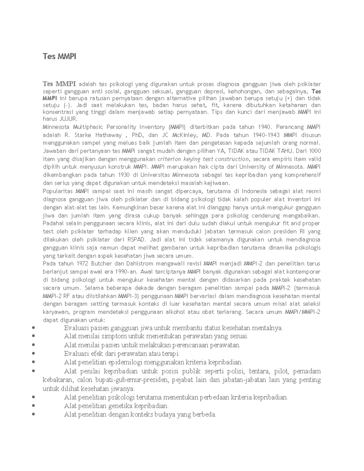 Tes MMPI: Panduan Lengkap dan Penjelasan Skala Psikologi - Studocu