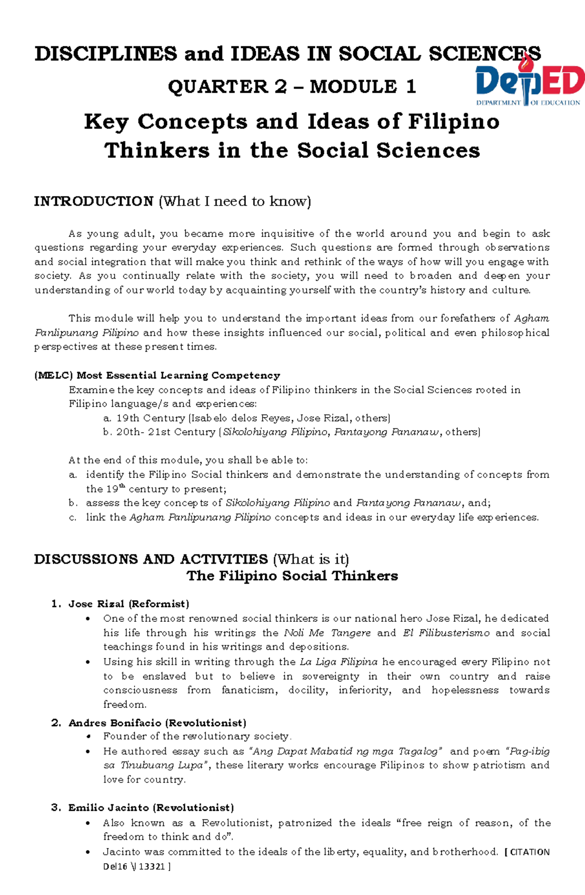 Key Concepts of Filipino Thinkers in Social Sciences (Module 1) - Studocu