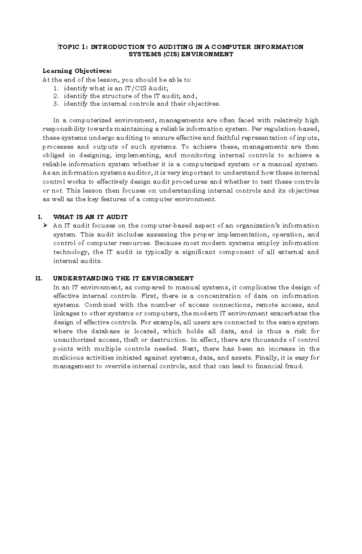 CIS-Topic 1 - Introduction to Auditing in Computer Info Systems - Studocu