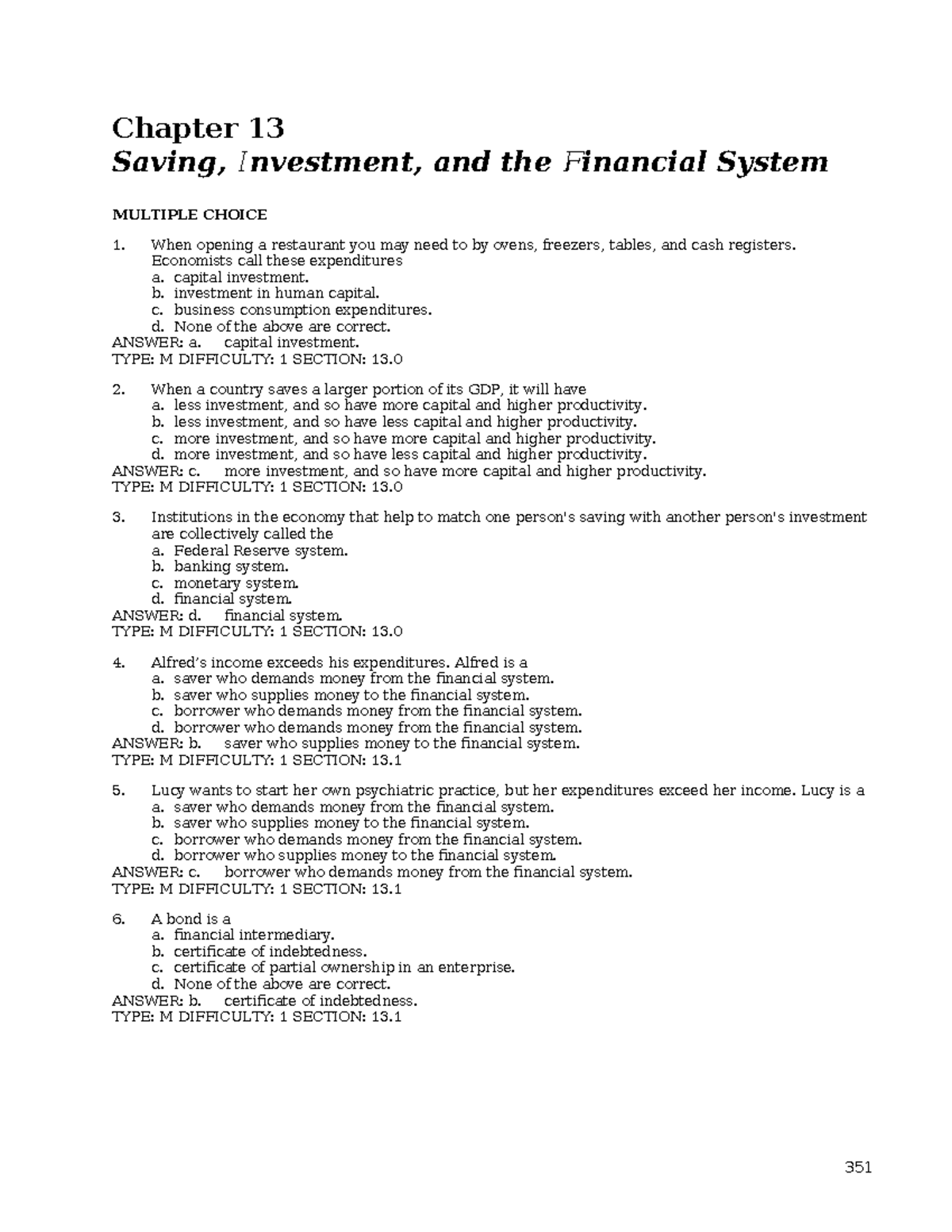 Chapter 13 - Saving, Investment, and the Financial System Homework ...