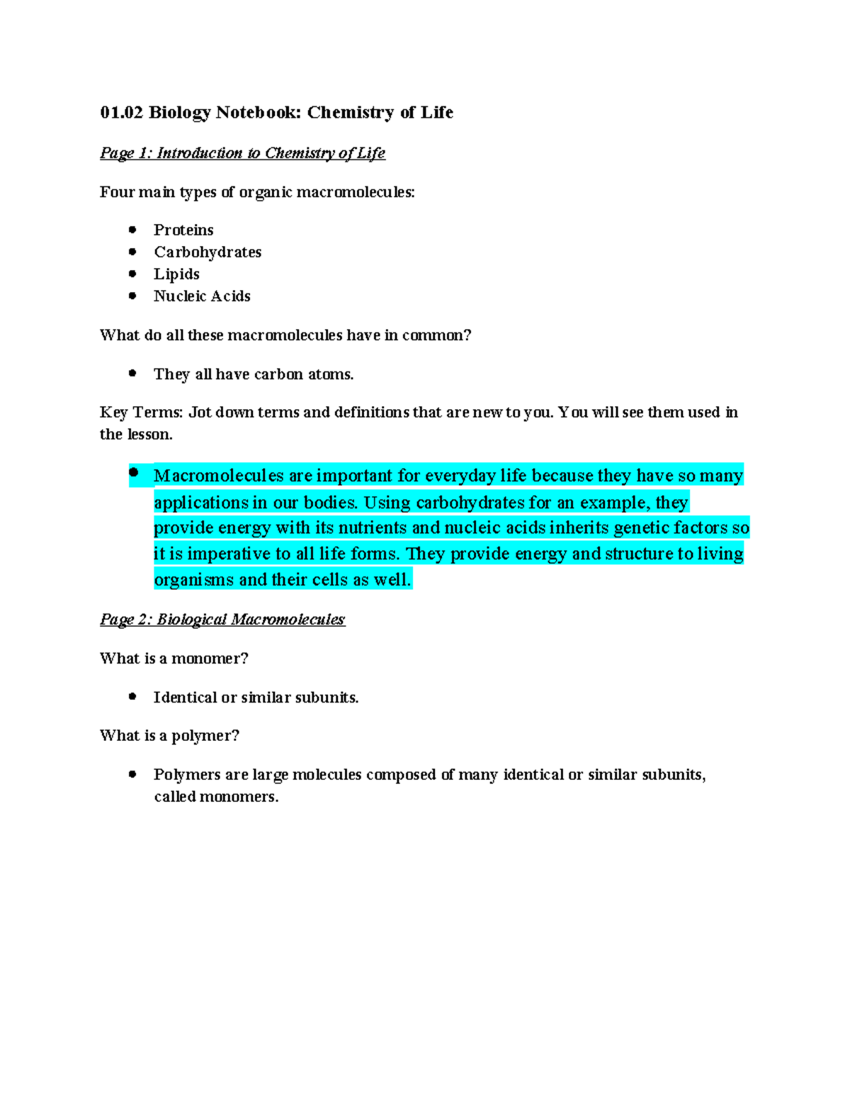 1.02 Biology Notes: Exploring the Chemistry of Life and Macromolecules ...
