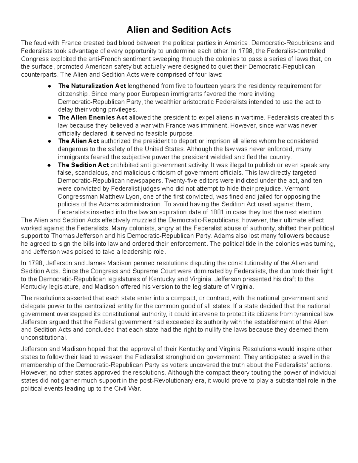 Alien and Sedition Acts and Their Impact on Early American Politics ...