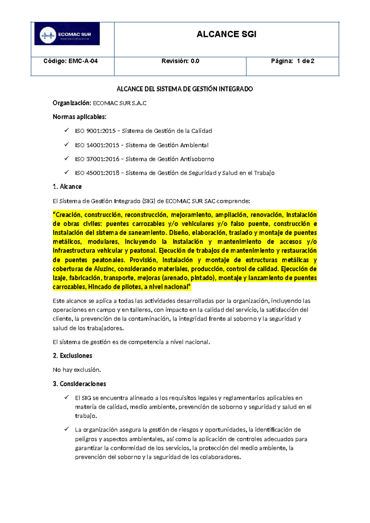 EMC-A-04 Alcance del Sistema de Gestión Integrado rev2 - Studocu