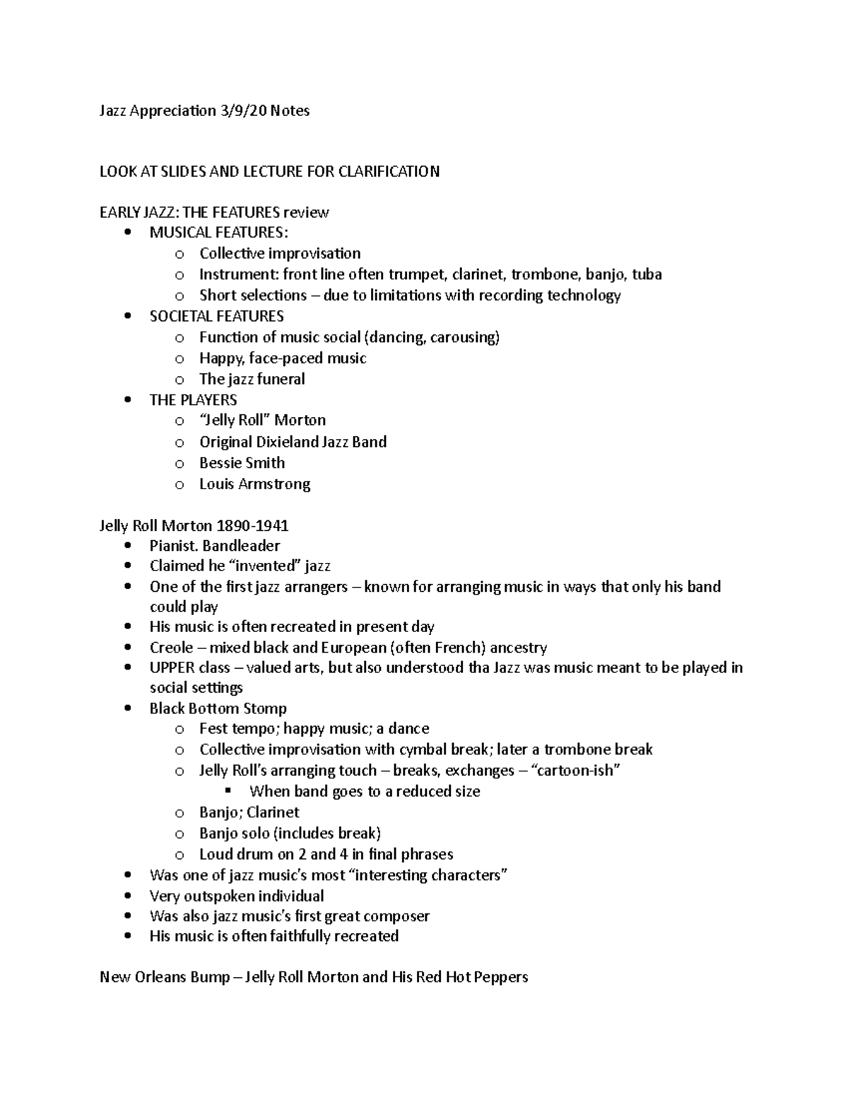 Jazz Appreciation 3:9:20 - Jazz Appreciation 3/9/20 Notes LOOK AT SLIDES AND LECTURE FOR - Studocu