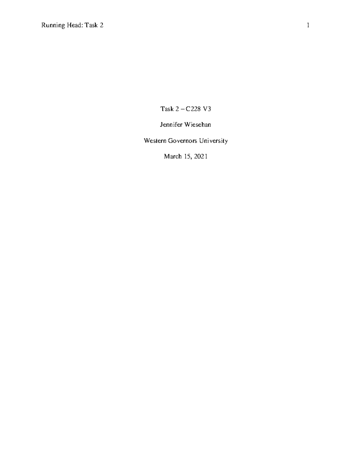 C228 Task 2 - Grade: pass - Task 2 – C228 V Jennifer Wiesehan Western ...