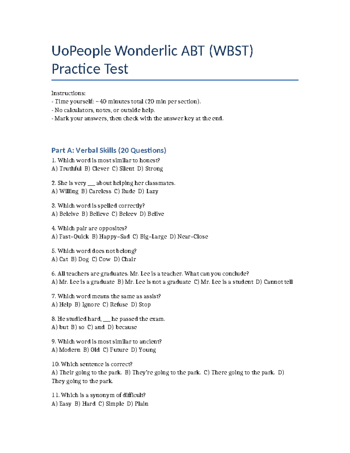 UoPeople Wonderlic ABT (WBST) Practice Test & Answer Key - Studocu