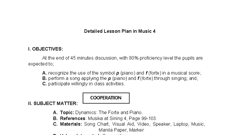 Detailed Lesson Plan in Music 4: Dynamics of Forte and Piano - Studocu