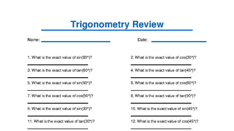 Trigonometry Review 10: Exact Values Practice Questions - Studocu