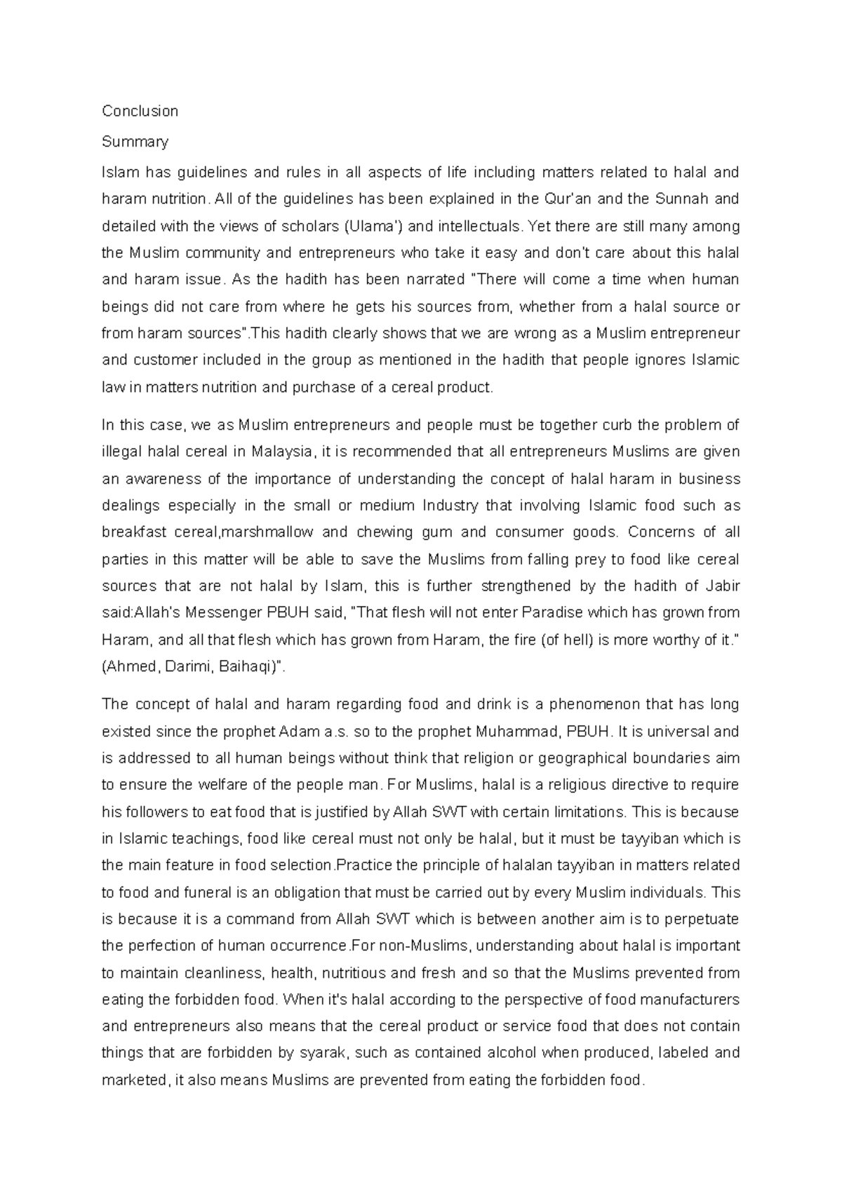 Conclusion on Halal Nutrition Practices in ISH100 Case Study - Studocu