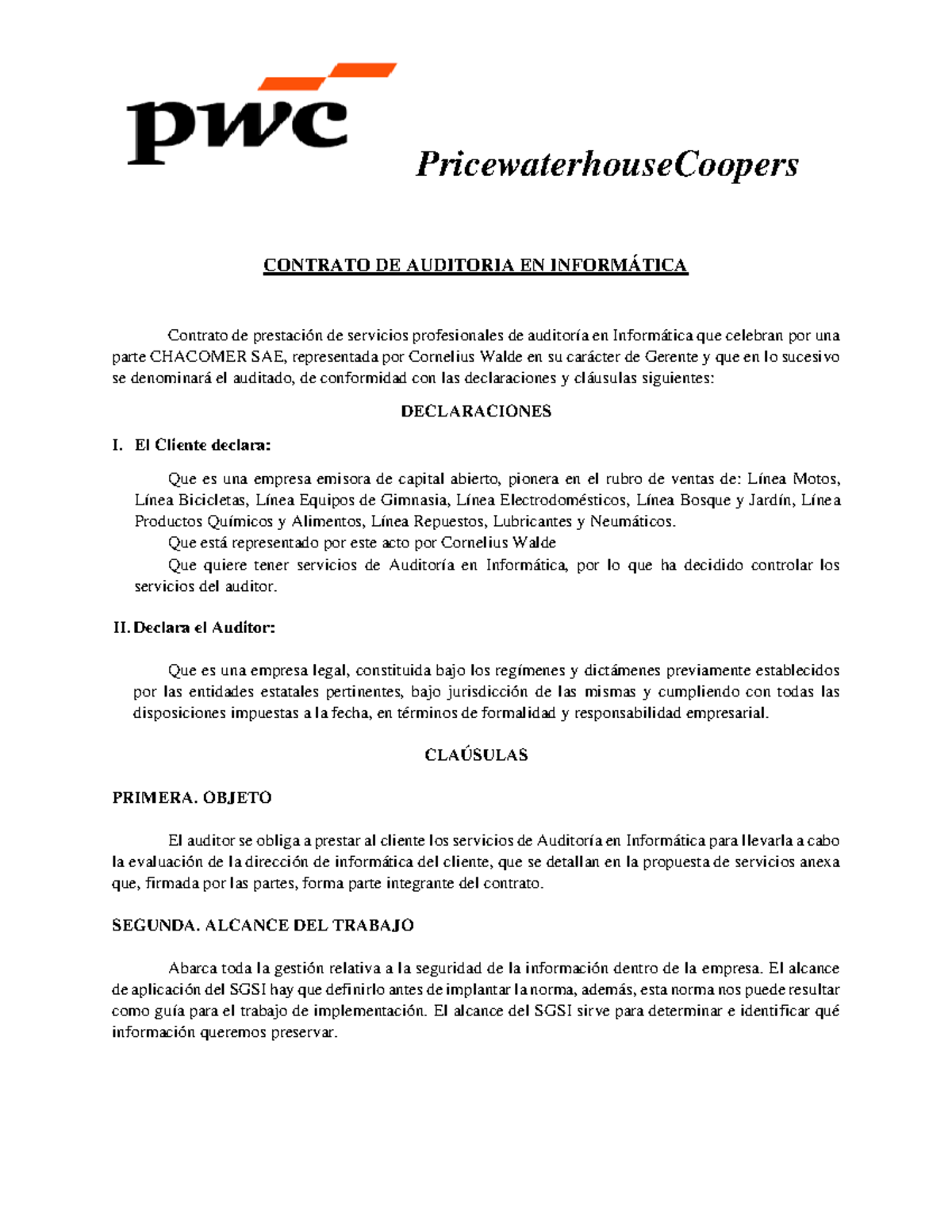 Contrato de Auditoría en Informática - PwC y Chacomer SAE - Studocu