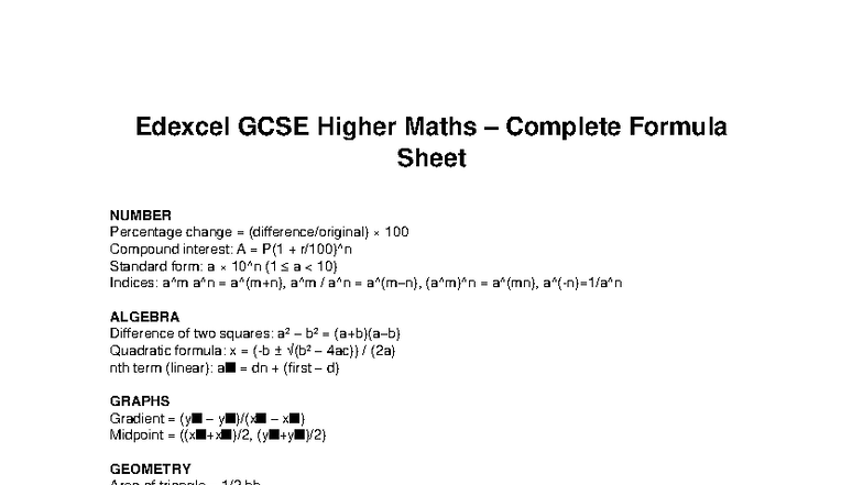 GCSE Higher Maths Complete Formula Sheet - Full Review - Studocu