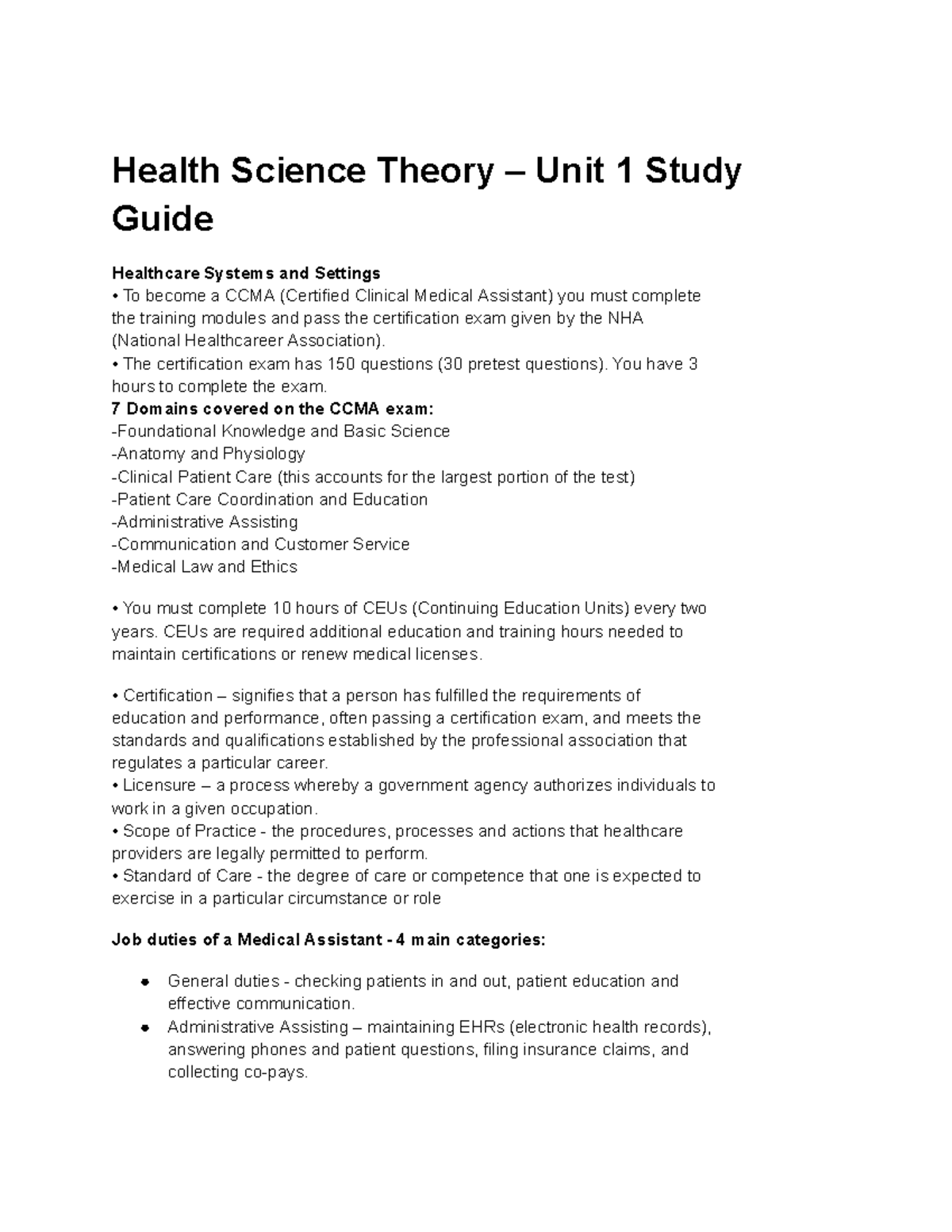 Health Science Theory - Unit 1 Study Guide: CCMA Certification ...
