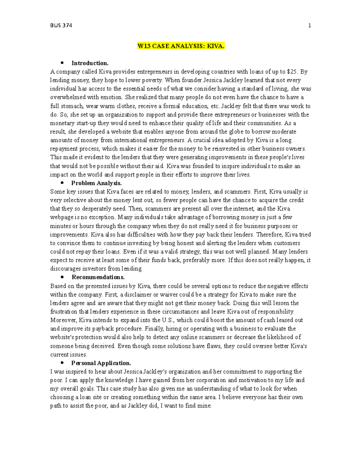 BUS 374 W13 Case Study Analysis: Challenges & Strategies for Kiva - Studocu