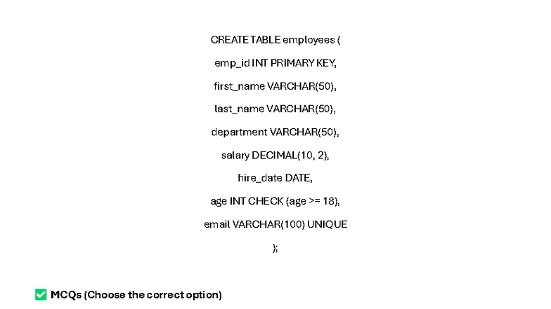 SQL MCQs on Employee Table Creation and Management - CS101 - Studocu