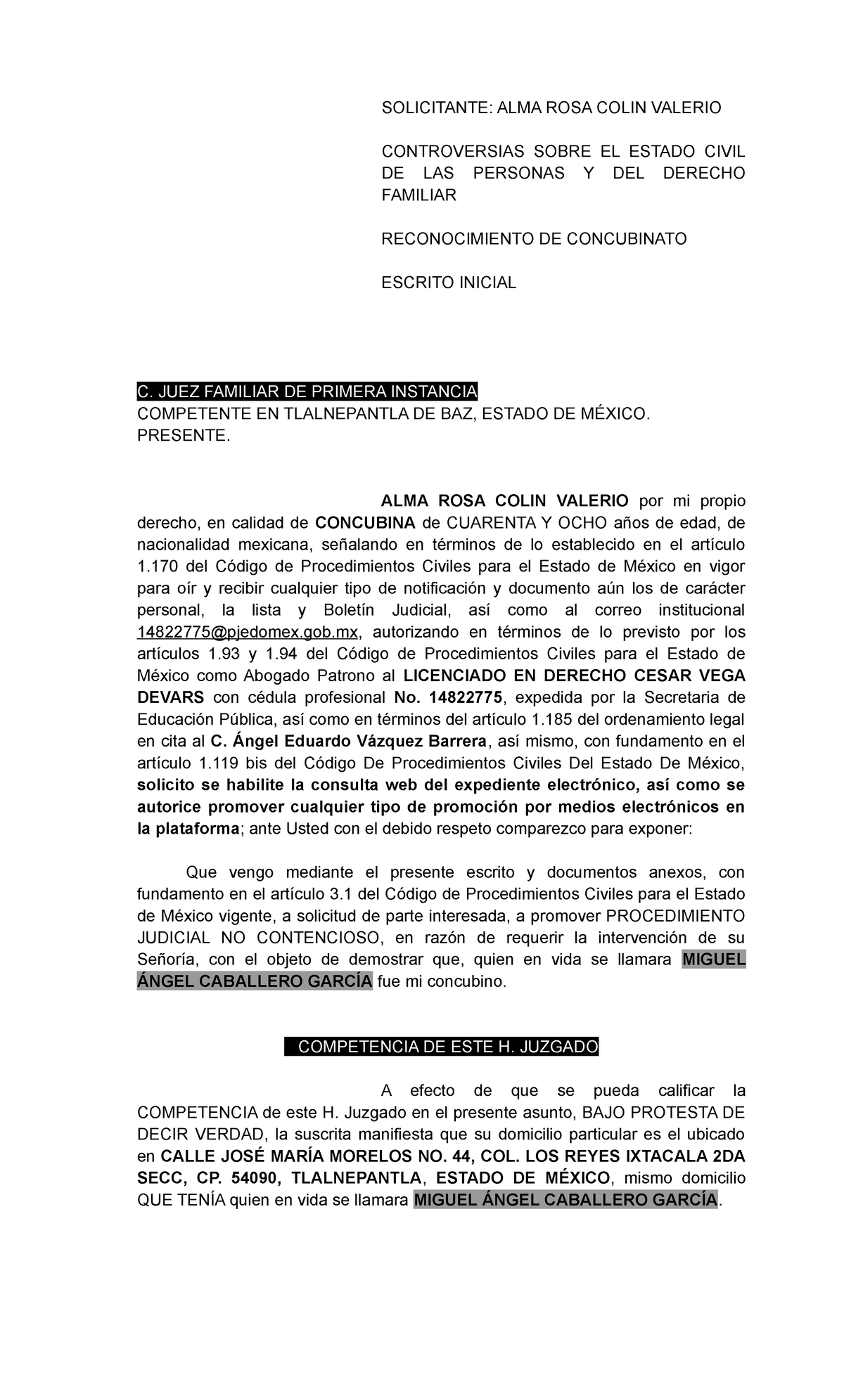 Escrito Inicial para Acreditar Concubinato - ALMA ROSA COLIN VALERIO ...