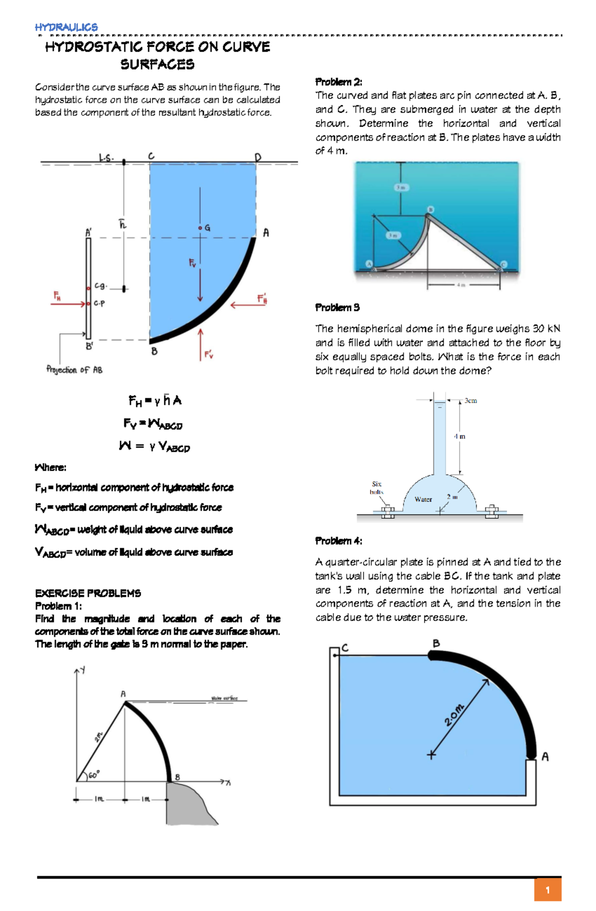 Hydraulics Lecture Notes 3: Hydrostatic Force on Curved Surfaces - Studocu