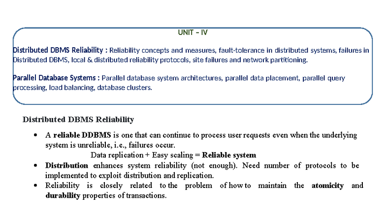 III-I-DDB-4&5 Unit IV Notes: Reliability in Distributed DBMS - Studocu