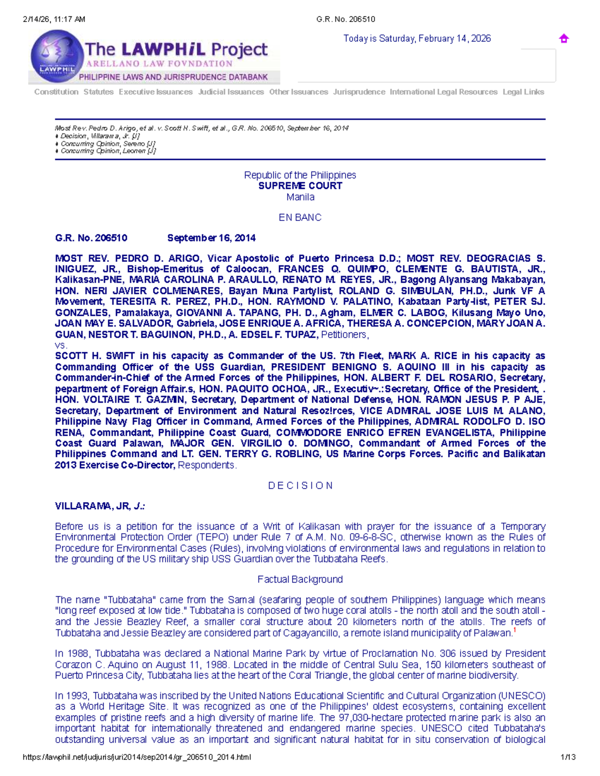 G.R. No. 206510: Arigo vs. Swift - Lecture on Environmental Law and ...