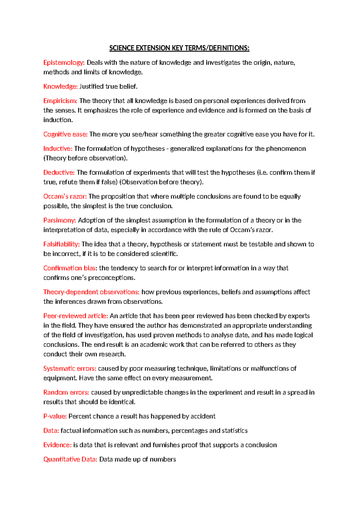 Science Extension Key Terms & Definitions for Study Guide - Studocu