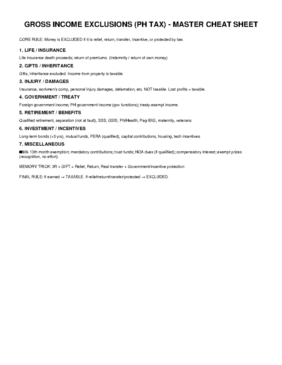 Gross Income Exclusions (PH Tax) - Master Cheat Sheet - Studocu