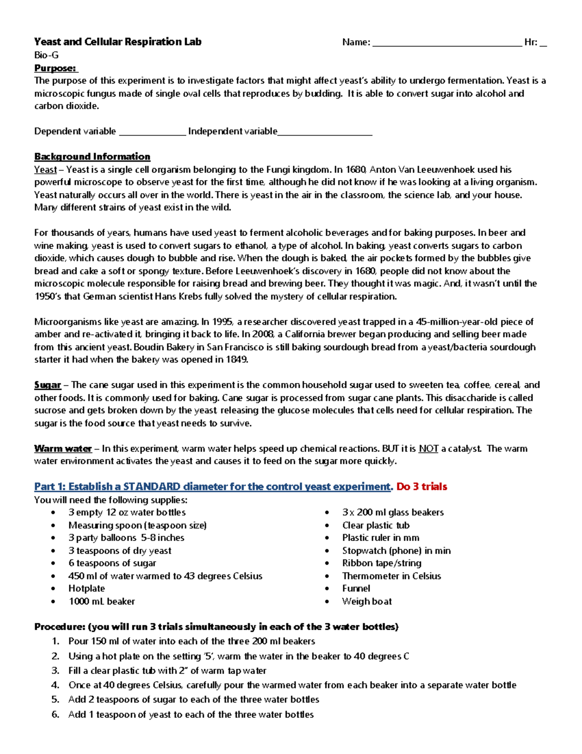 GB Cell Respiration Lab Instructions 2020 - Yeast and Cellular ...