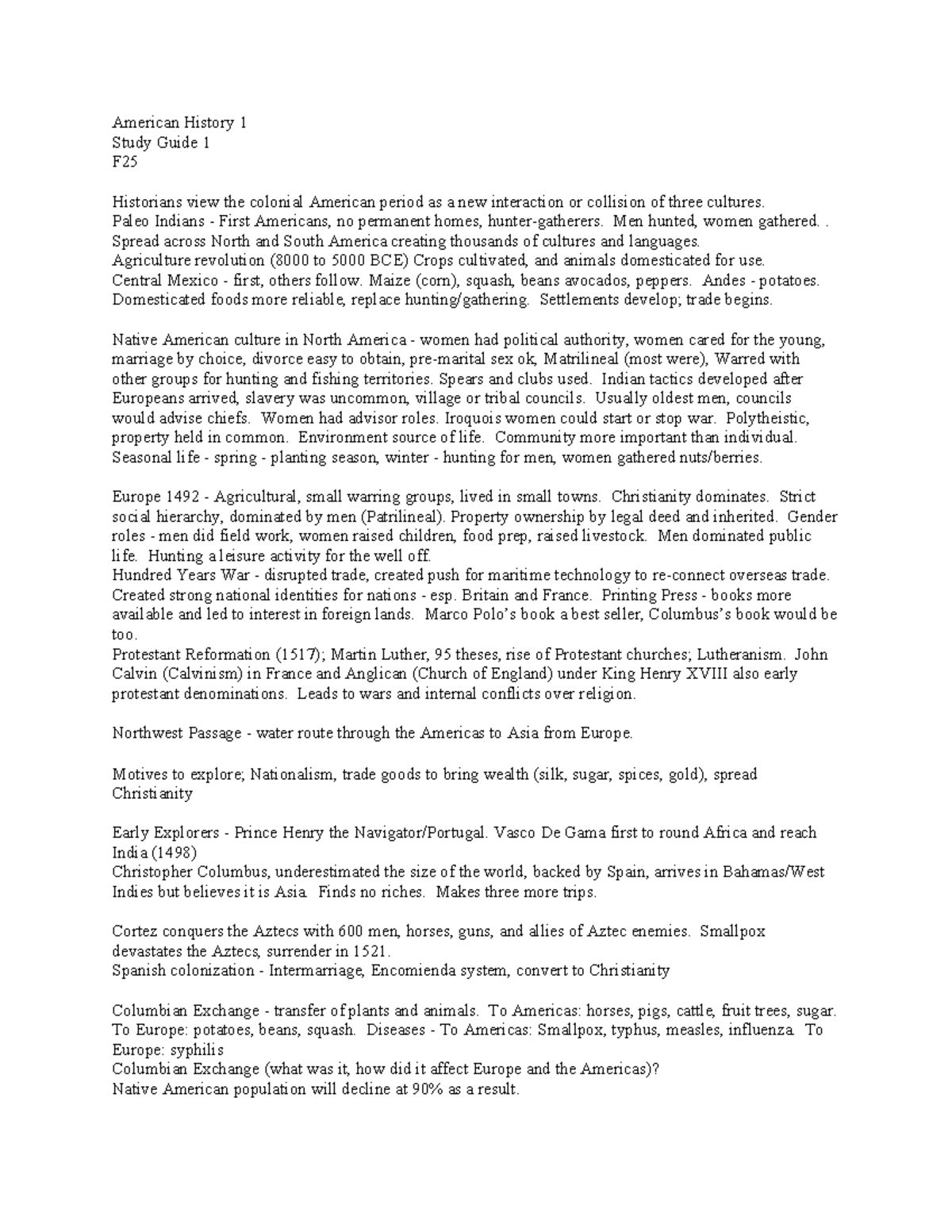 American History 1: Colonial America Study Guide F25 - Studocu