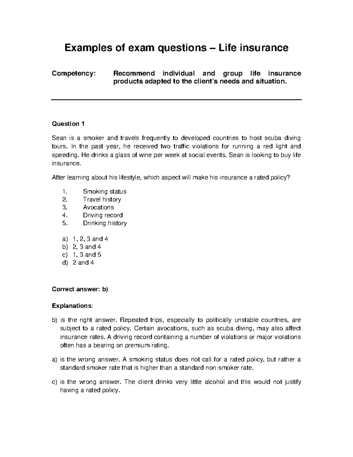 Sample Licensing Exam Questions: Life Insurance Practice and Ethics ...